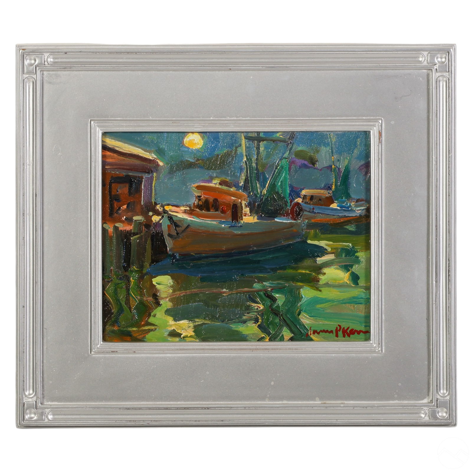 James Kerr B.1953 Moonrise Fishing Boat Painting Auction