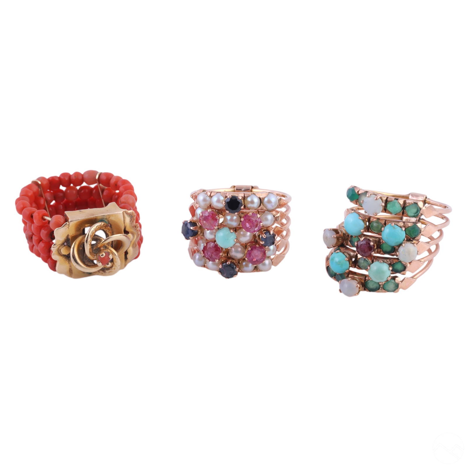 14k Gold Gemstone & Coral Stack Rings 3pc Lot 18g Auction