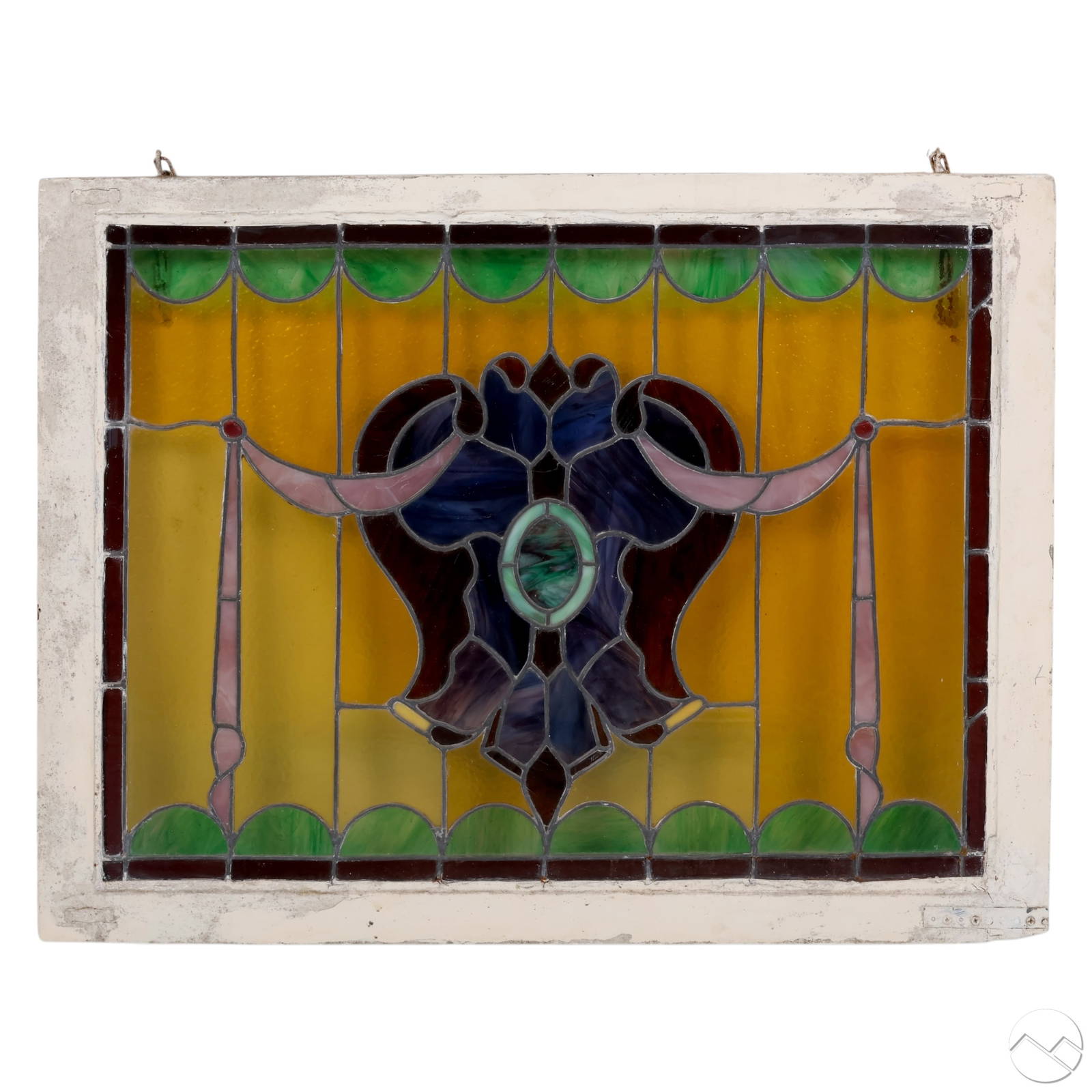 Antique Drapery Stained Glass White Framed Window Auction