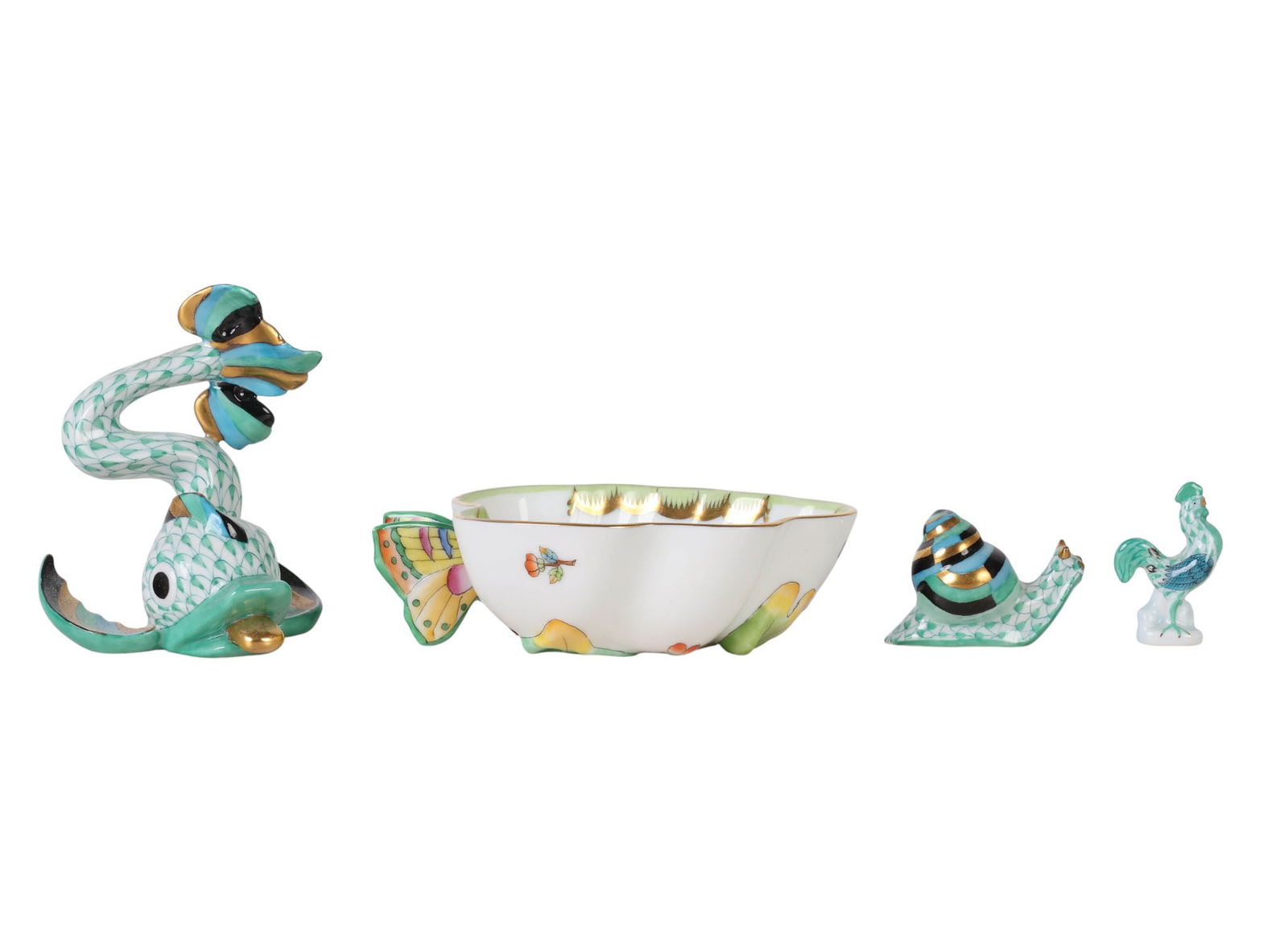 Herend Fishnet Fish Snail Rooster And Dish 4pc Lot Auction