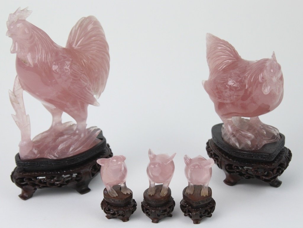 Family Group Carved Chinese Rose Quartz Chicken Statues