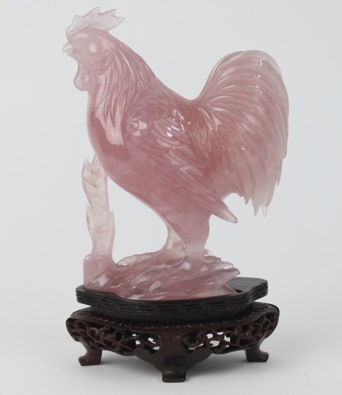Family Group Carved Chinese Rose Quartz Chicken Statues
