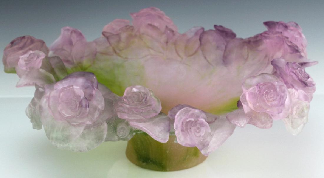 Signed Daum French Art Glass Pate de Verre Roses Bowl