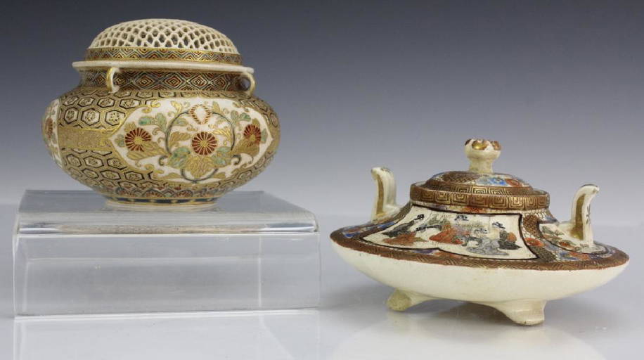 2 Antique Japanese Meiji Period Pottery Censor Box