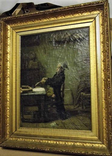 Antique Genre Oil Painting Sharpening Quill Biedermeier