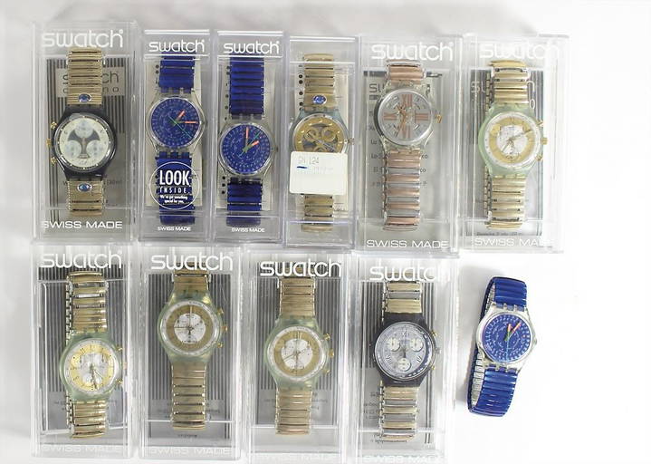 Lot: 11 Swatch Clocks, Quartz, 6 Of It Are Chronographs, (30 M ...