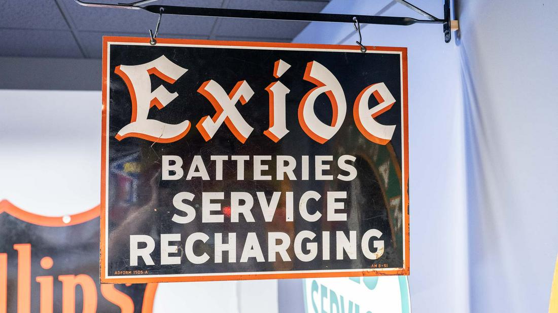 1951 Exide Batteries Double-sided Tin Sign Auction