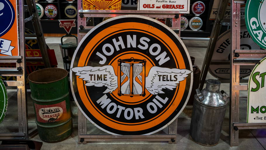 1930s Johnson Motor Oil & Gasolene Double Sided Porcelain Sign