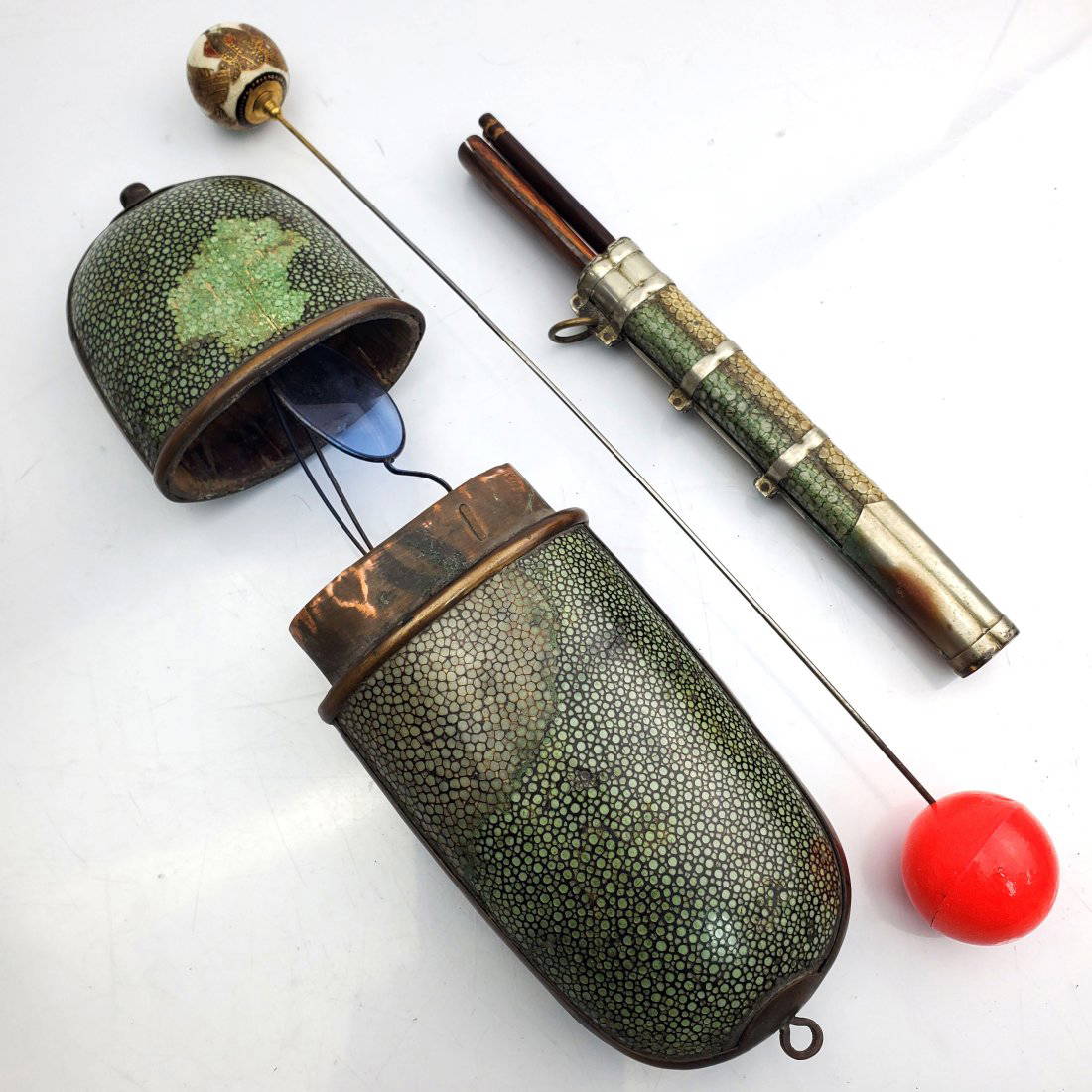 2 Japanese Shagreen Items Along W/ A Porcelain Pin Auction