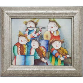Joyce Roybal Whimsical Puffy Band Oil Art Painting