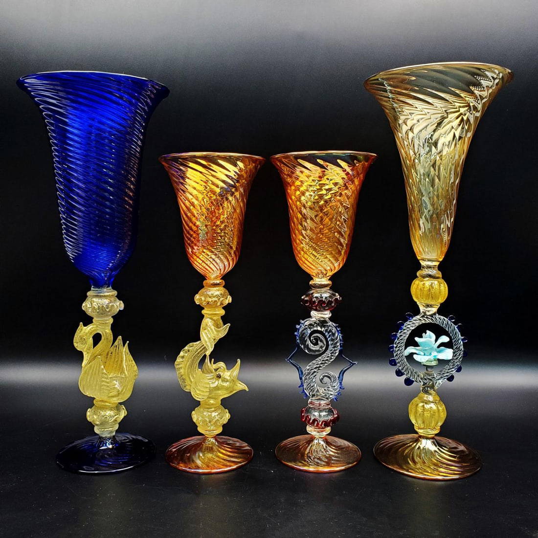 4 Venetian Murano Large Glass Champagne Flutes Auction