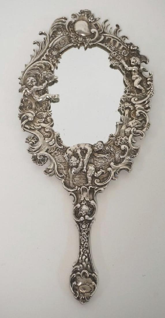Antique Sterling Silver Hand Mirror Decorated With