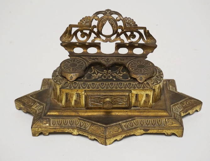 Cast Iron Inkstand With Double Inkwells And A Drawer.