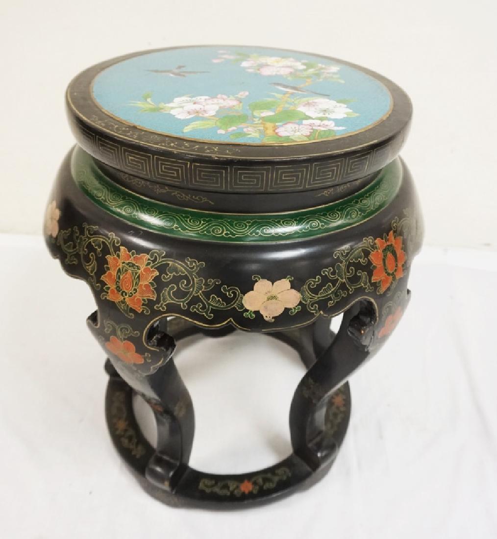 PAINT DECORATED ASIAN STAND WITH INSET CLOISONNE TOP