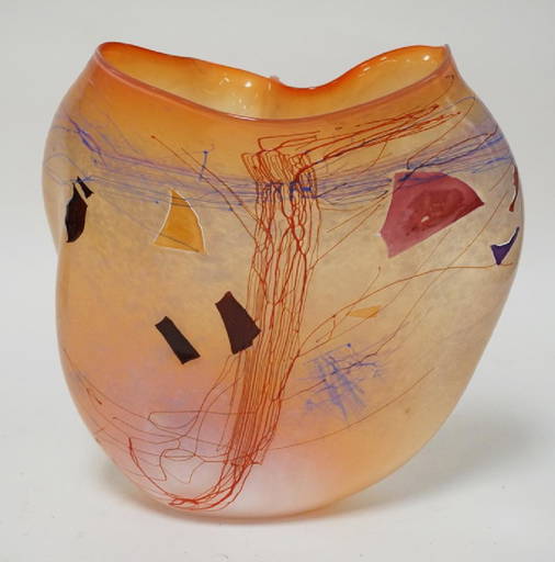 Daniel Gaumer Art Glass Vase In Peach With Applied