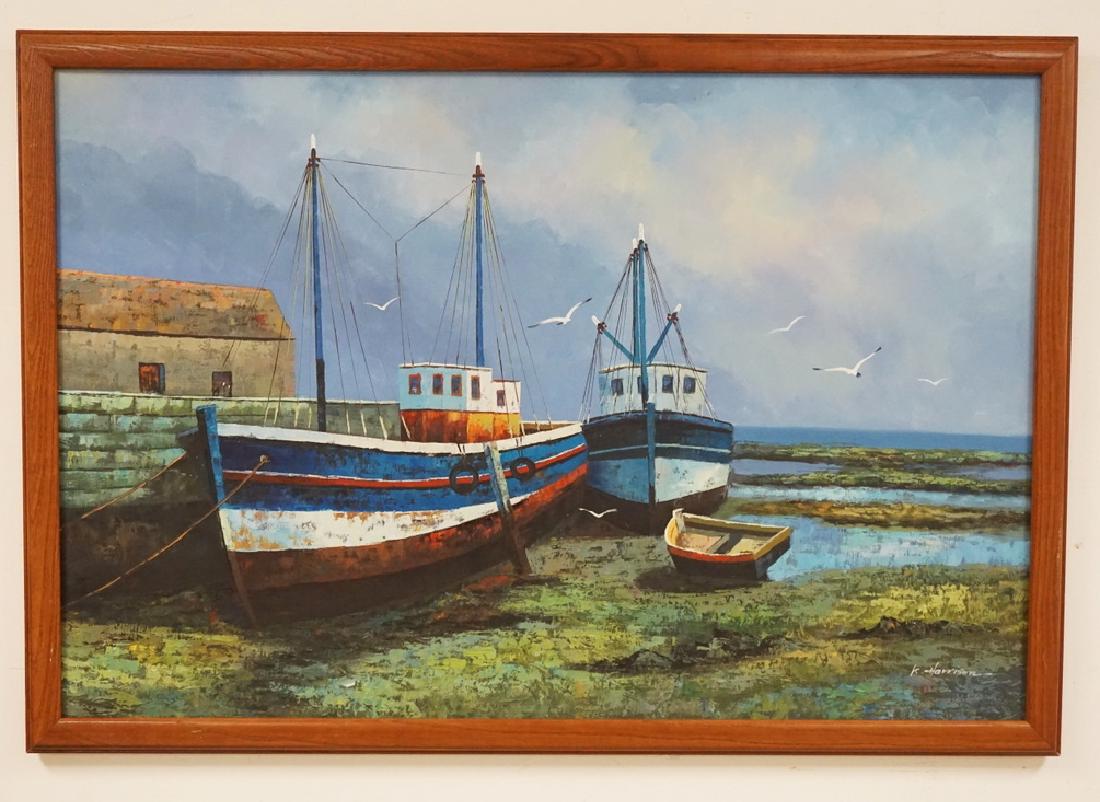 K. HARRISON OIL PAINTING ON CANVAS OF DOCKED TUGBOATS.