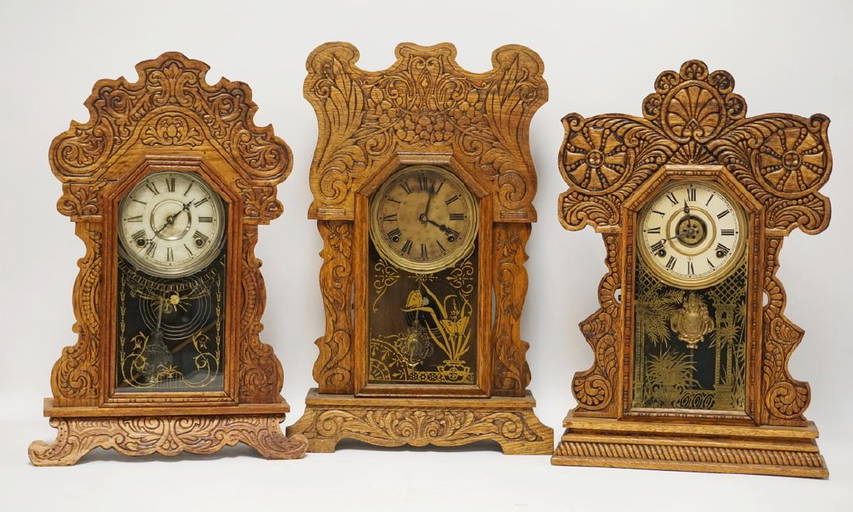 Lot Of 3 Antique Carved Oak Gingerbread Mantel Clocks.
