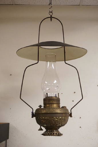 Antique Hanging Store Oil Lamp. Tooled Brass.