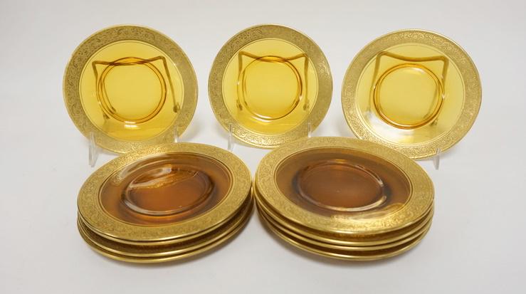 Set Of 12 Amber W/gold Glass Plates
