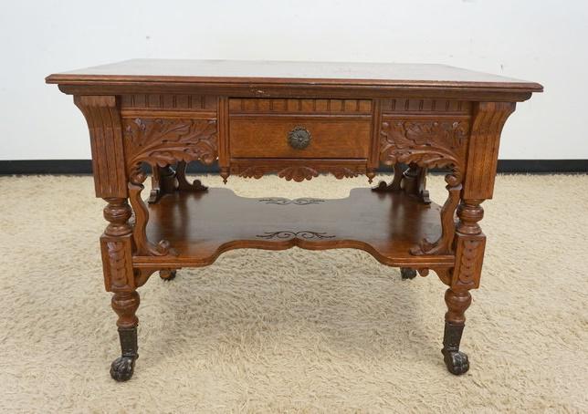 Antique Oak Carved Library Table