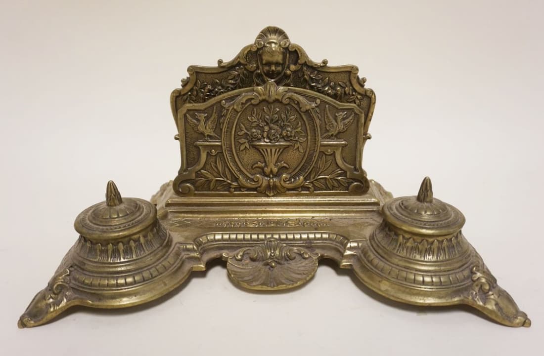 Ornate Brass Victorian Letter Holder & Inkwell Auction