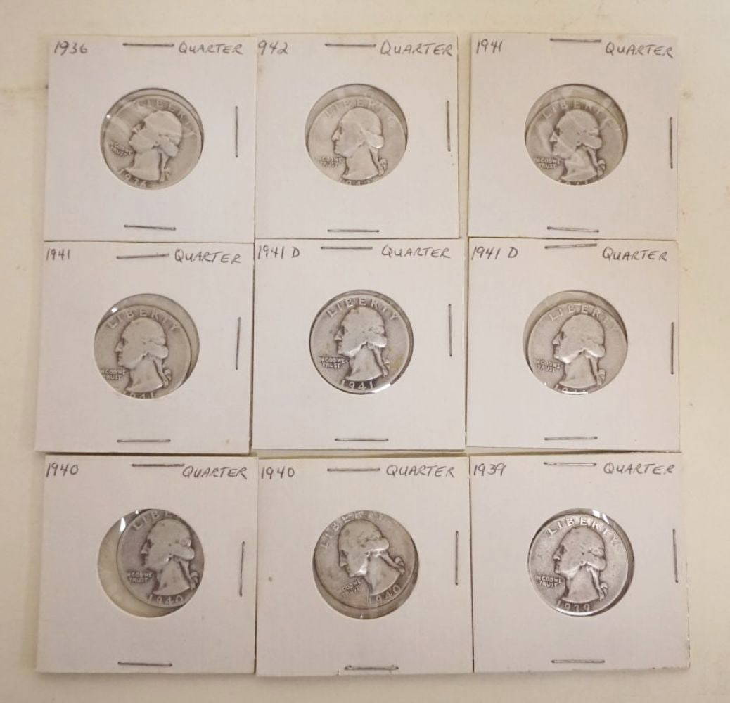 Group Of 9 Assorted Silver Washington Quarters Auction