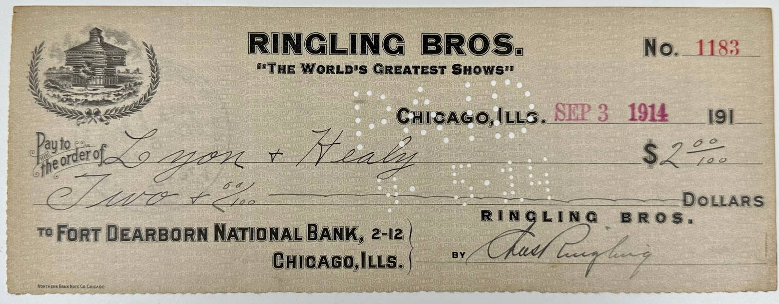 Ringling Bros. Circus Signed Check - Charles Ringling Auction