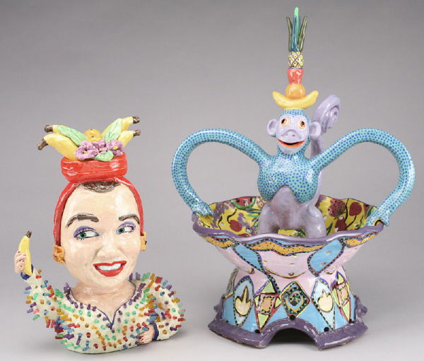 340: 2 Pcs. Contemporary ceramic monkey fruit bowl