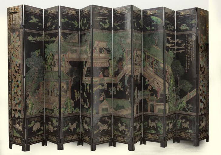 12 Panel Chinese Lacquered Screen,