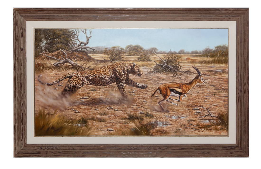 Terry Isaac Frost, Leopard Chasing Gazelle Oil On Canvas Auction