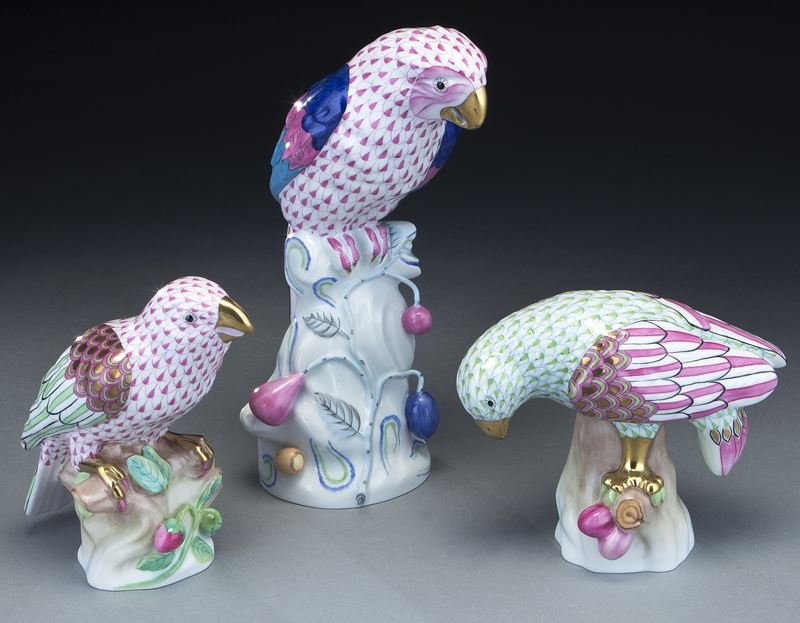 (3) Herend Porcelain Parrot Figures,