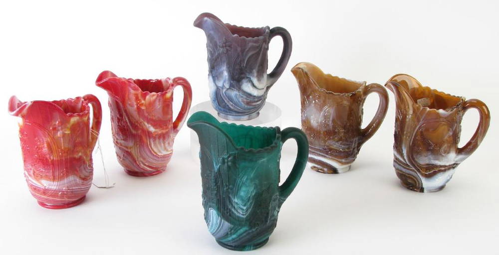 Six Imperial Slag Glass Pitchers