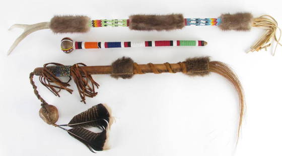 Two Native American Beaded War Clubs