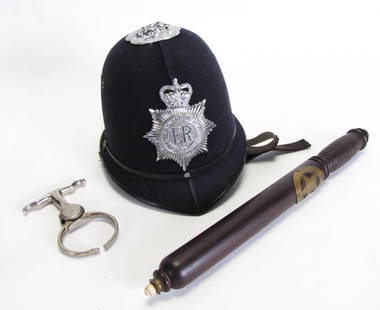 Vintage British Police Helmet, Baton And Handcuffs
