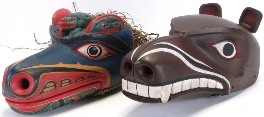 Two Pacific Northwest Raven Clacker Masks