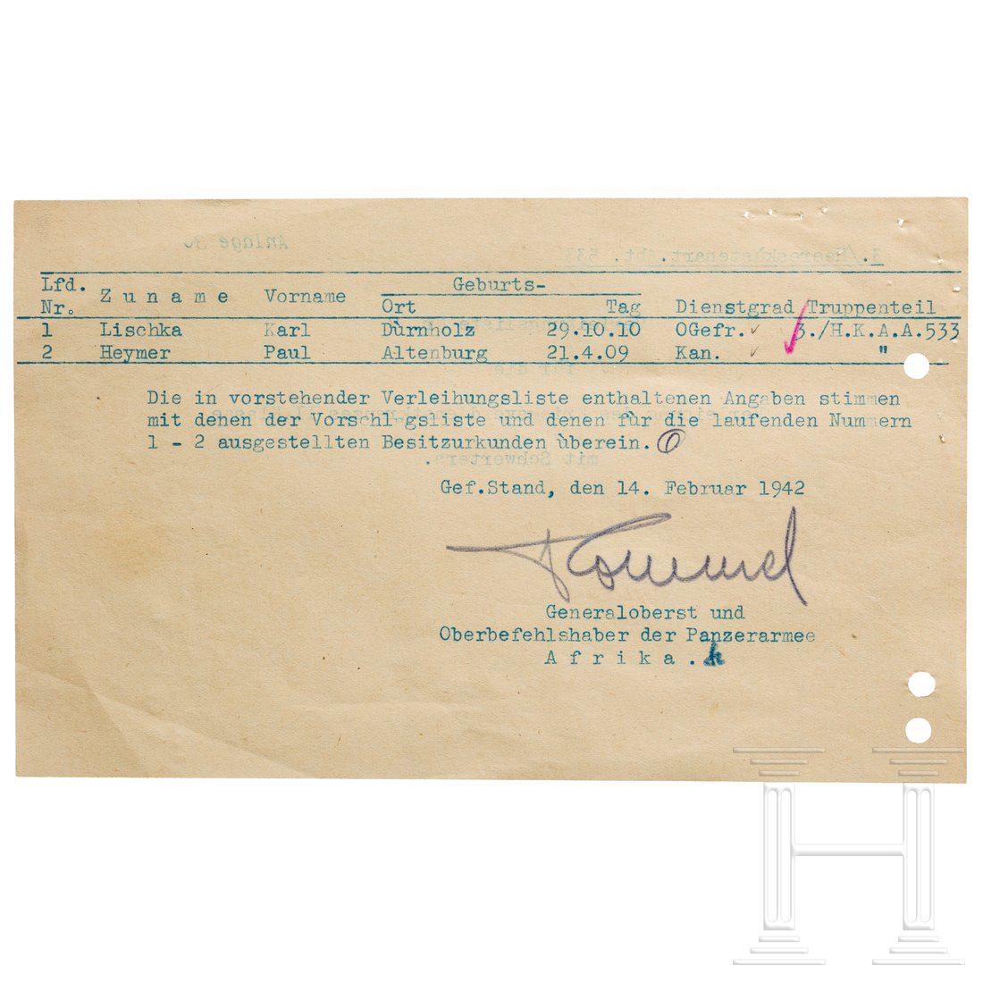 GFM Erwin Rommel - personally signed award list for the - Dec 11, 2020 ...