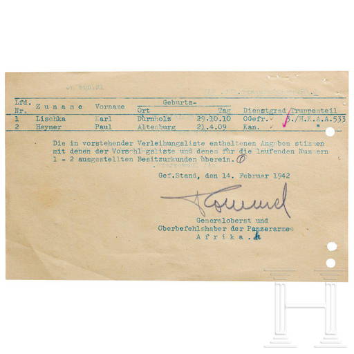 Gfm Erwin Rommel Personally Signed Award List For The