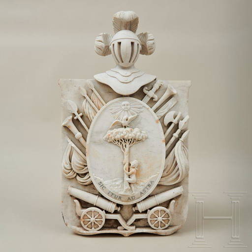 A Large Italian Family Crest In White Marble, 19th Century