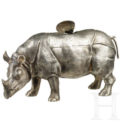 A German Rhinoceros Shaped Silver Songbird Music Box, Circa 1920