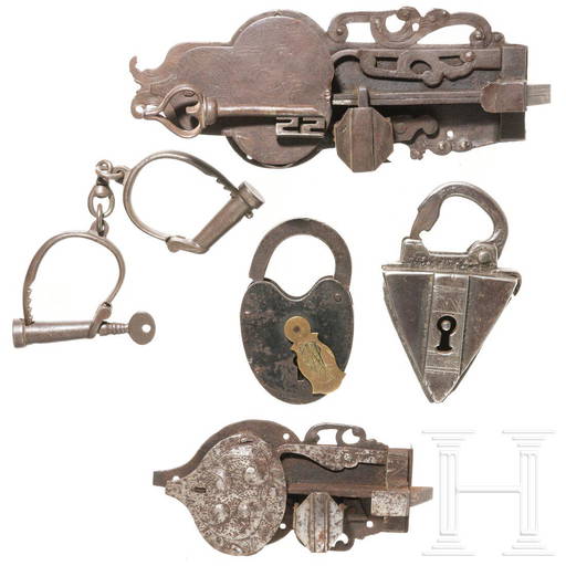 Two German iron door locks, two shackle locks and one handcuff, 17th ...