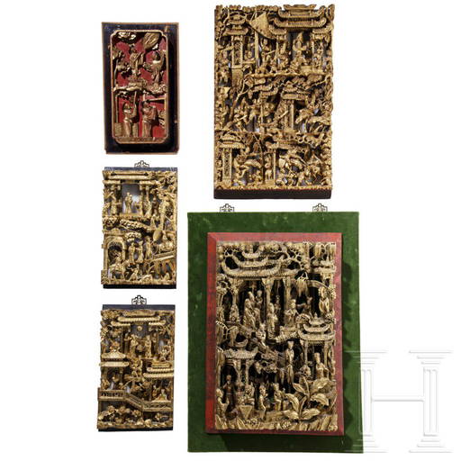 Five Chinese wooden wall panels with temple scenes, 20th century (#6241 ...