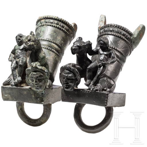 Two Roman Mirror Like Yoke Fittings With Eros On Panther And Satyr Mask ...
