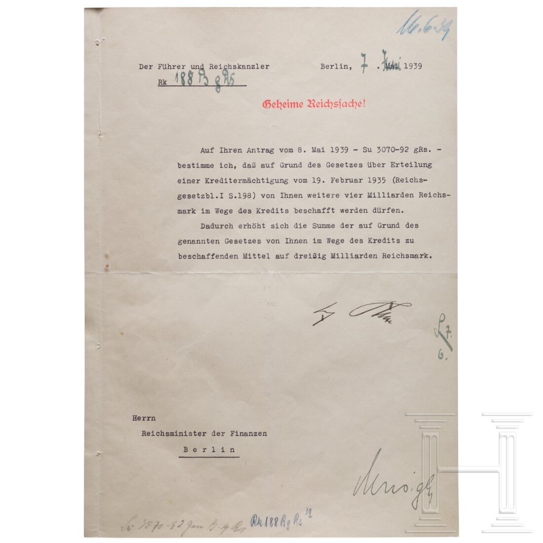 Adolf Hitler - A Government Loan Authorization Of June 7, 1939 With An ...