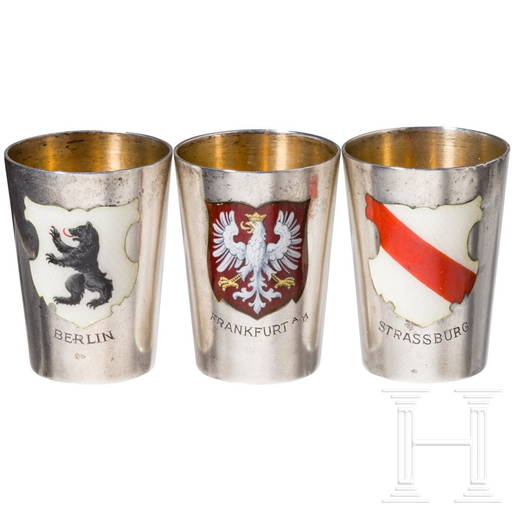 Three Partially Gilt Austrian Silver Vodka Cups With Enamelled ...