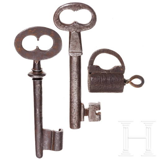 Two Large Iron Keys And A Lock, Circa 1850