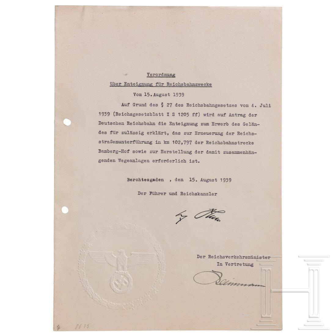 Adolf Hitler - An Expropriation Decree In Favor Of The Reichsbahn Auction