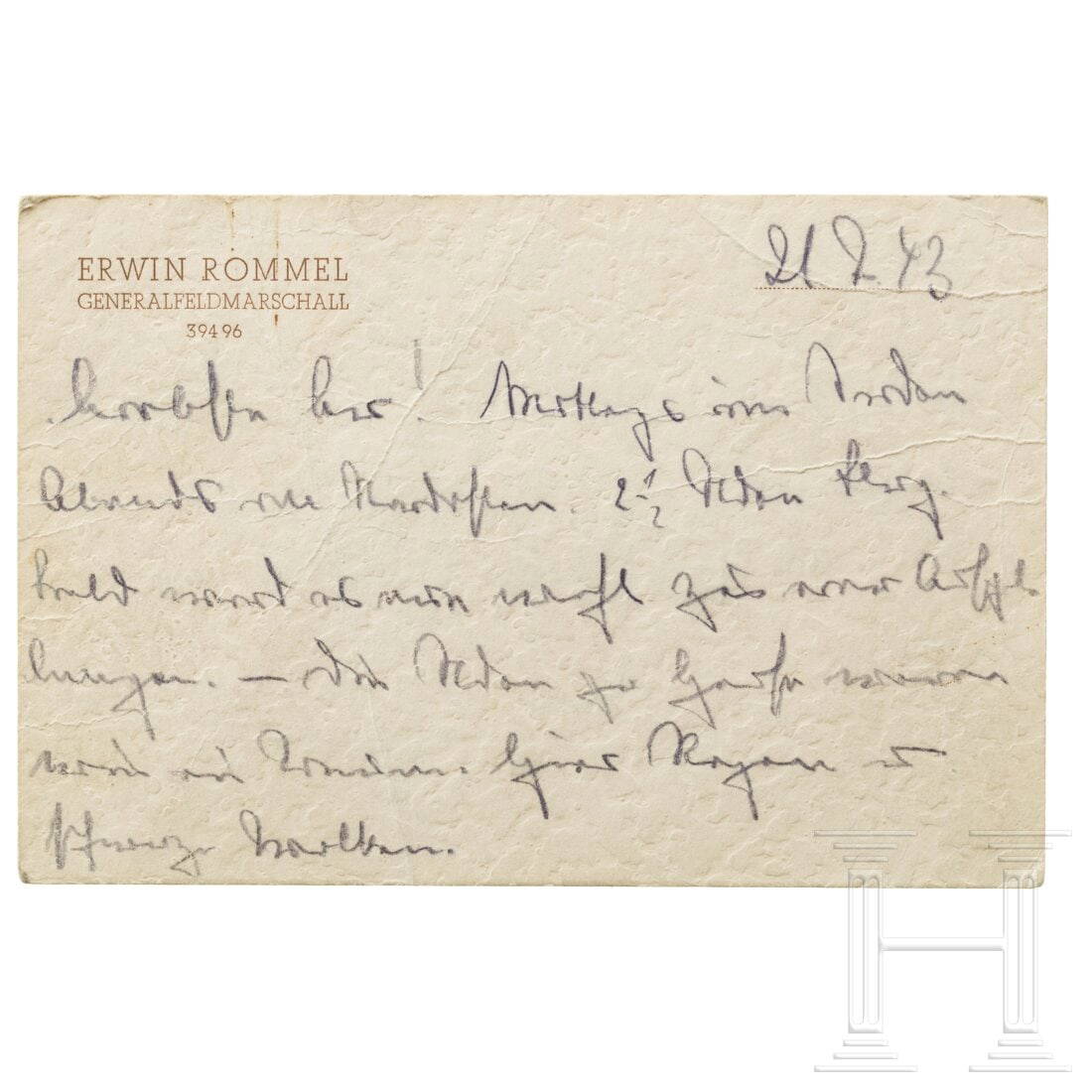 Gfm Erwin Rommel - A Handwritten Card To His Wife Lucie, Dated August ...