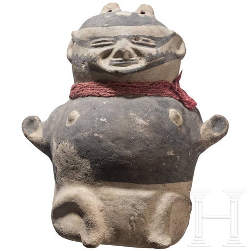 A Large Peruvian Clay Figure "cuchimilco" With Textile Collar, Chancay ...