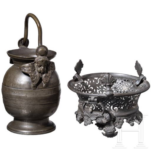 A German Pewter Holy Water Cauldron And Rechaud, 17th Early 18th Century