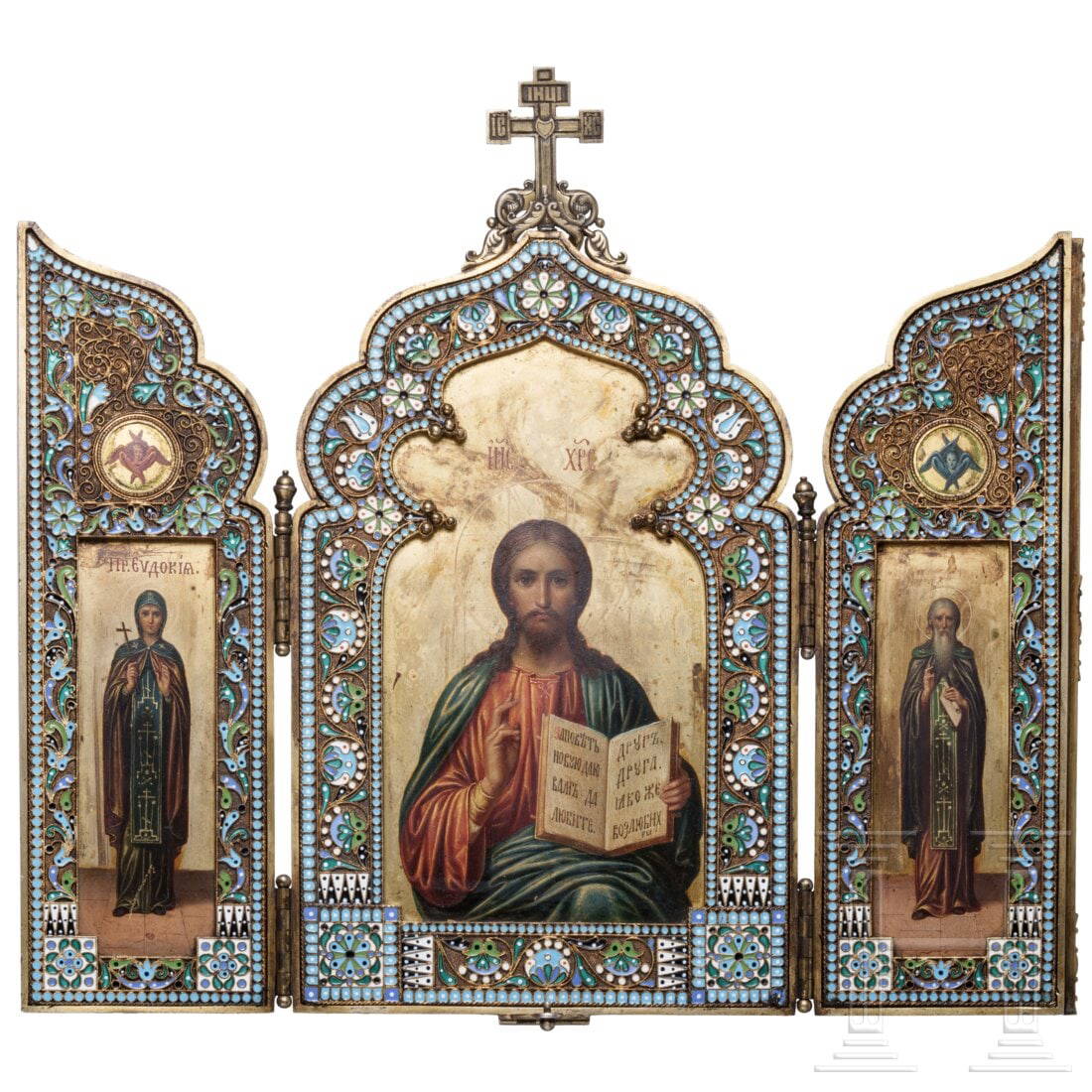 An Important Russian Cloisonné-enamel And Silver-gilt Triptych Icon Showing Christ Pantocrator ...